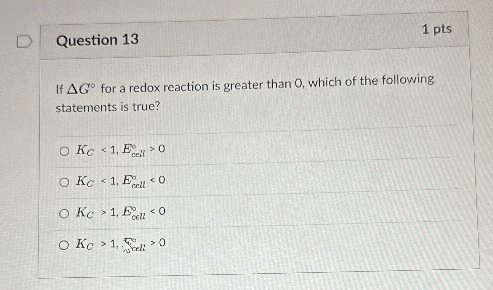 Solved Question 131ptsIf ΔG° ﻿for a redox reaction is | Chegg.com