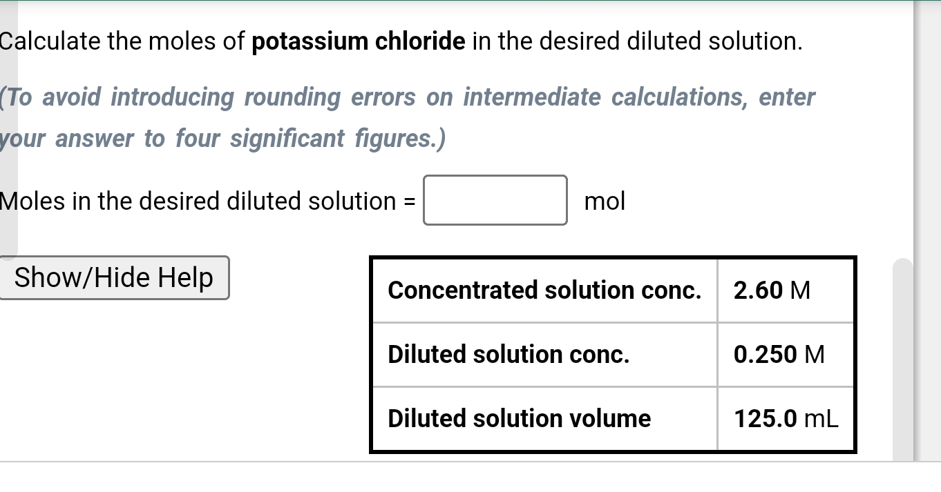 Solved Calculate the moles of potassium chloride in the | Chegg.com