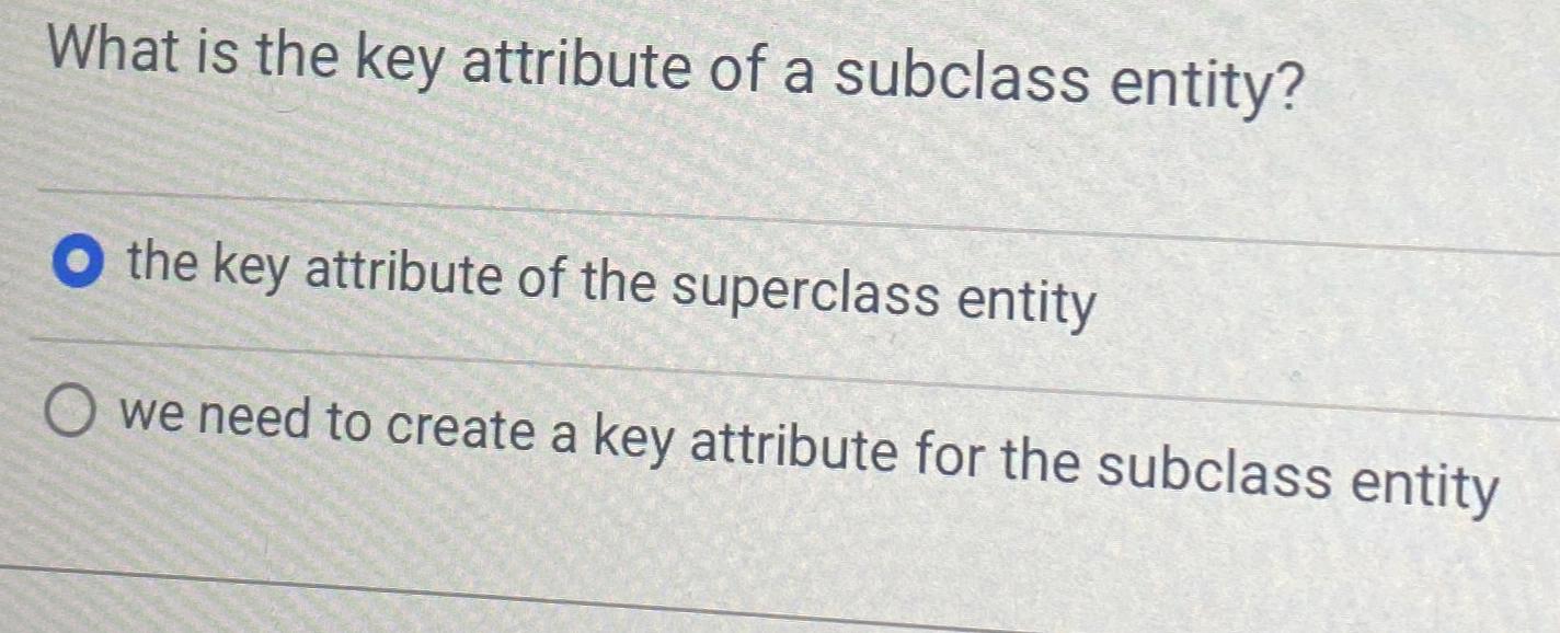Solved What is the key attribute of a subclass entity?the | Chegg.com