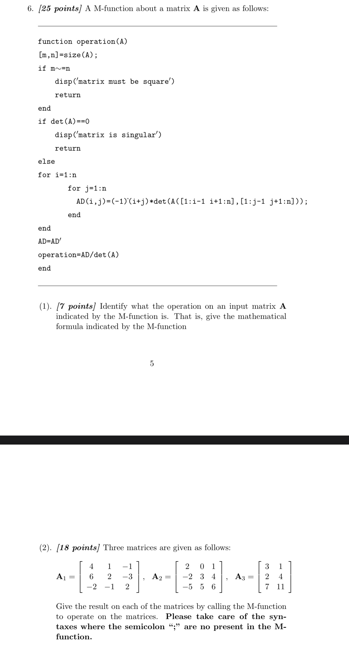 Solved [25 ﻿points] ﻿A M-function about a matrix A ﻿is given | Chegg.com