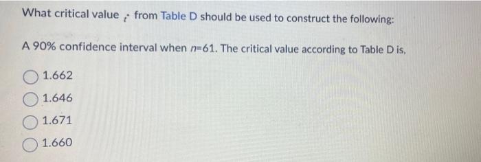 Solved What critical value t from Table D should be used to | Chegg.com