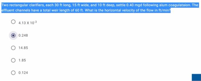 Solved Two rectangular clarifiers, each 30 ft long, 15 ft | Chegg.com