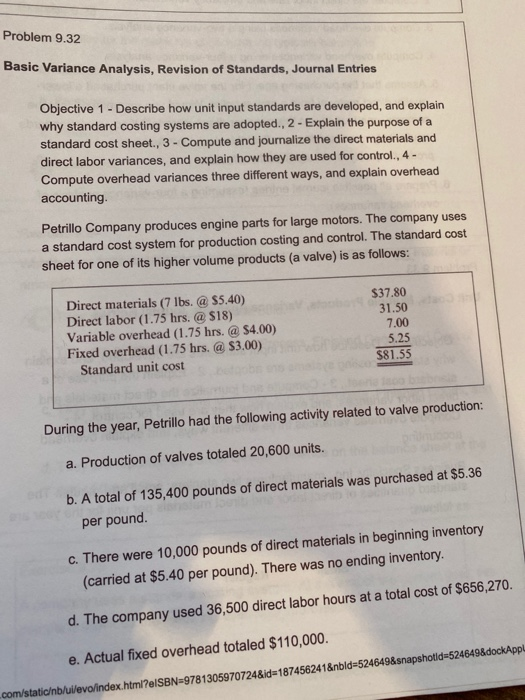 Solved Problem 9.32 Basic Variance Analysis, Revision of | Chegg.com