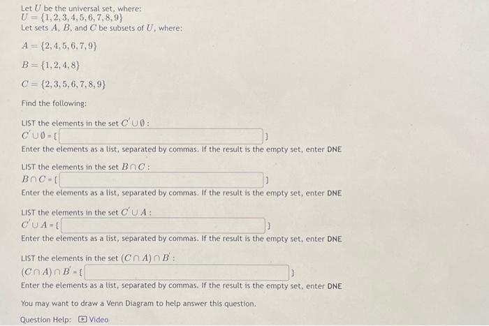 Solved Let U be the universal set, where: | Chegg.com
