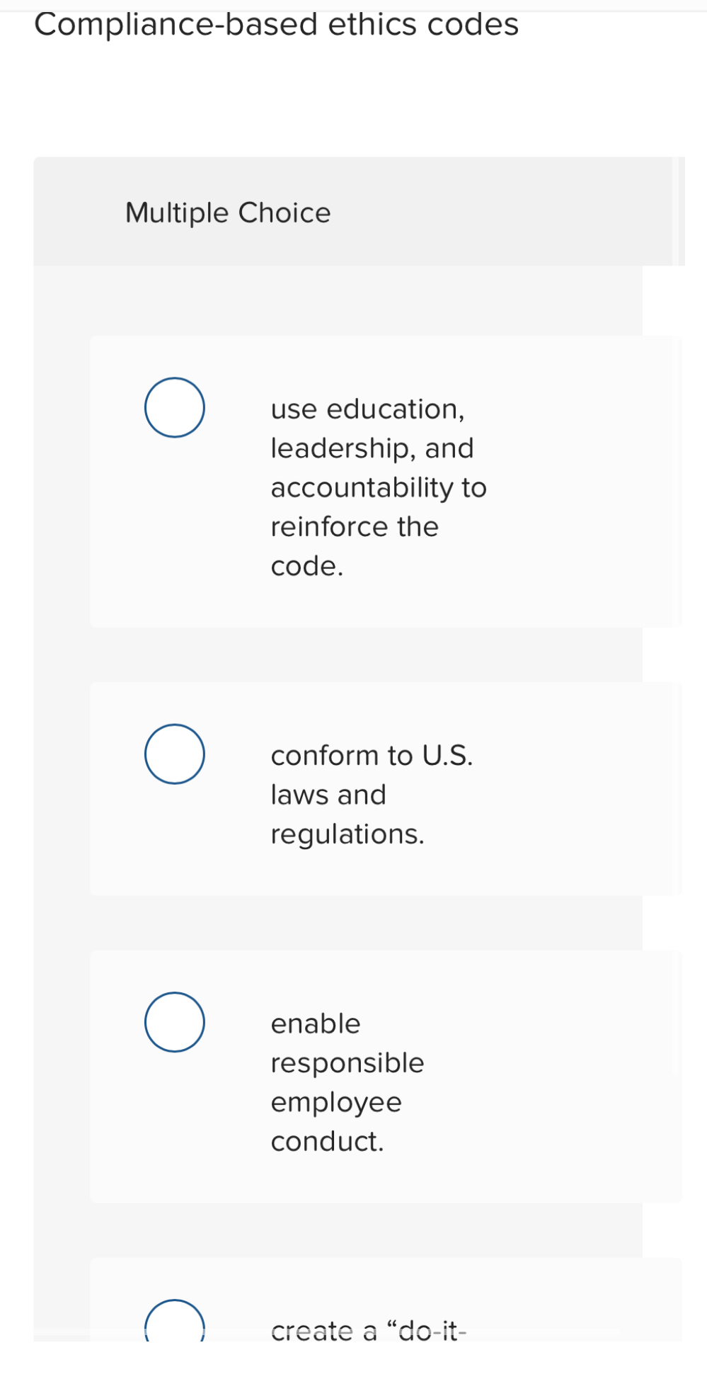 Solved Compliance-based ethics codesMultiple Choiceuse | Chegg.com