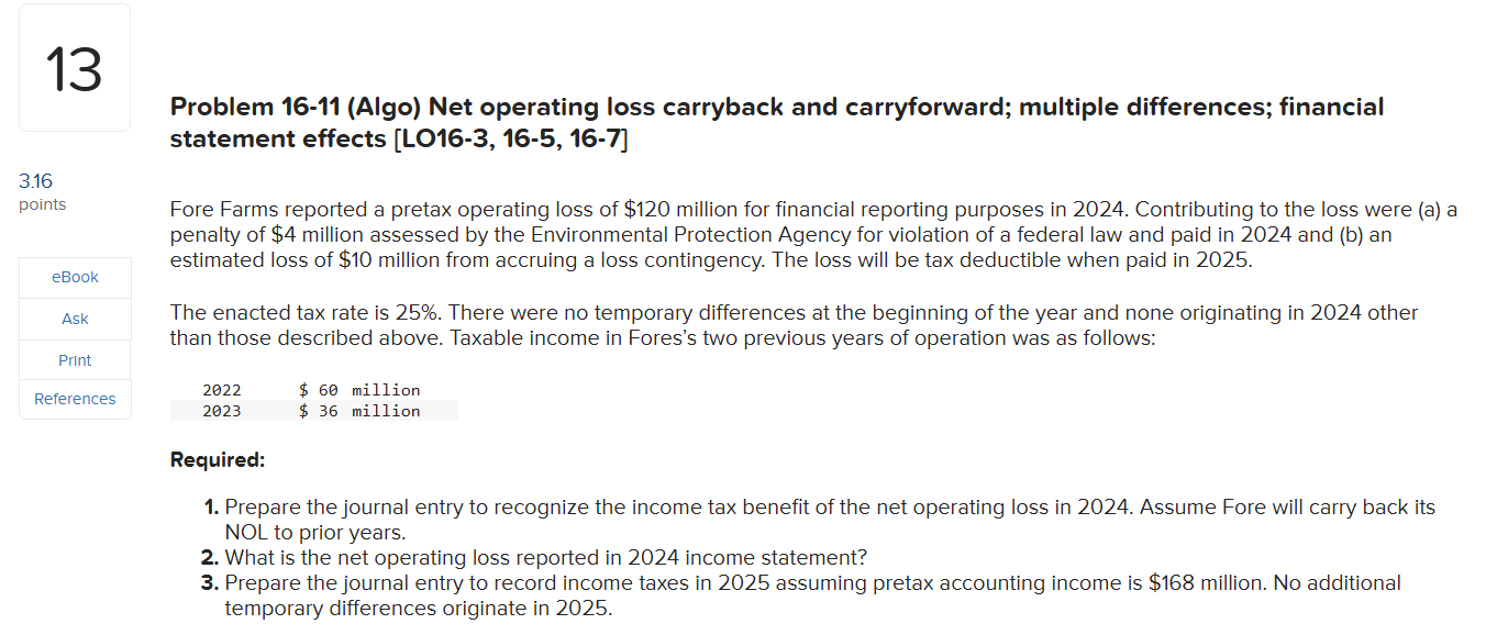 Solved problem 16-11 (Algo) ﻿Net operating loss carryback | Chegg.com
