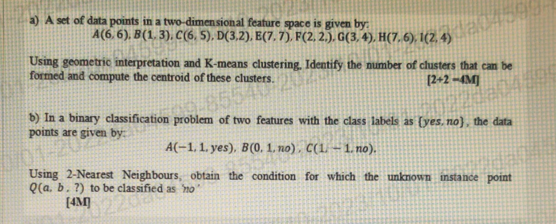 Solved a) A set of data points in a two-dimensional feature | Chegg.com