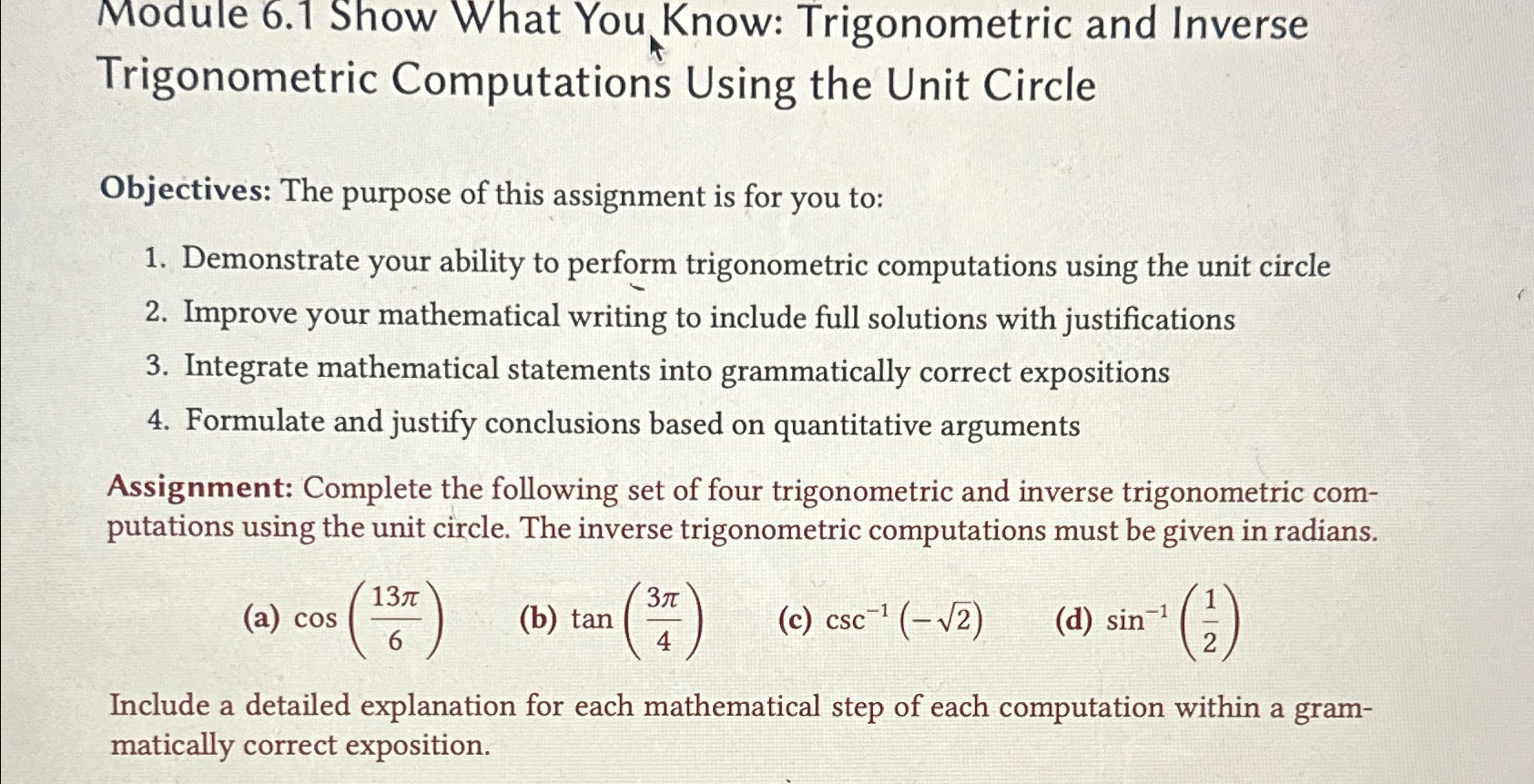 Solved Module 6.1 ﻿Show What You Know: Trigonometric and | Chegg.com