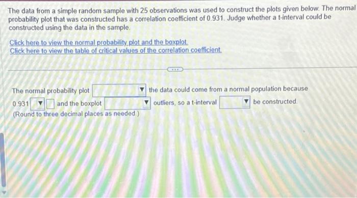 Solved The data from a simple random sample with 25 | Chegg.com