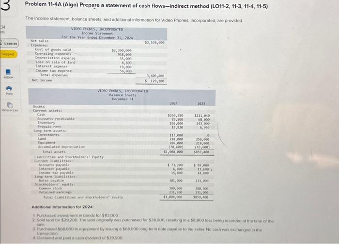 Problem 11-4A (Algo) Prepare a statement of cash | Chegg.com