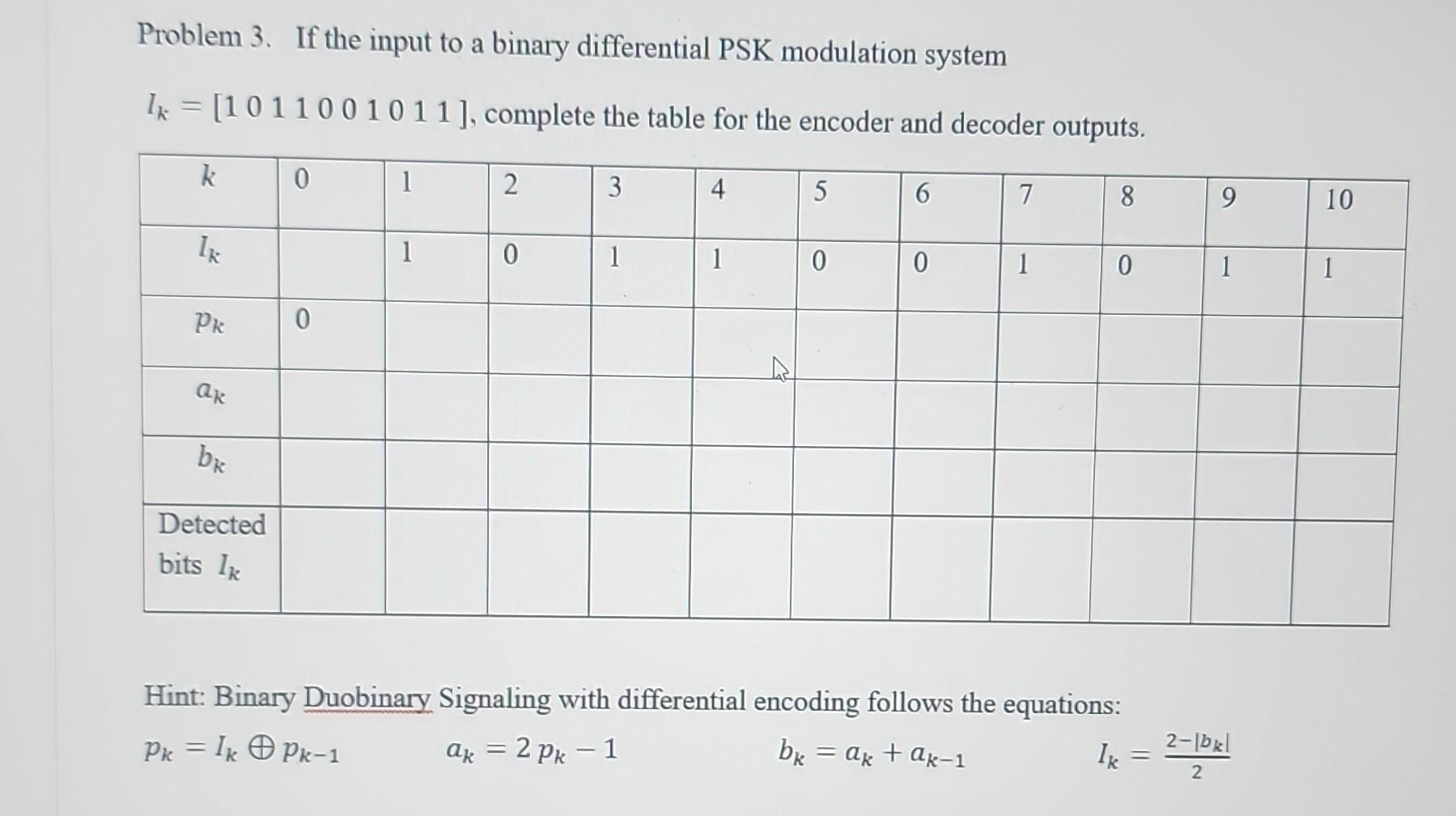 Solved Problem 3 If The Input To A Binary Differential Psk