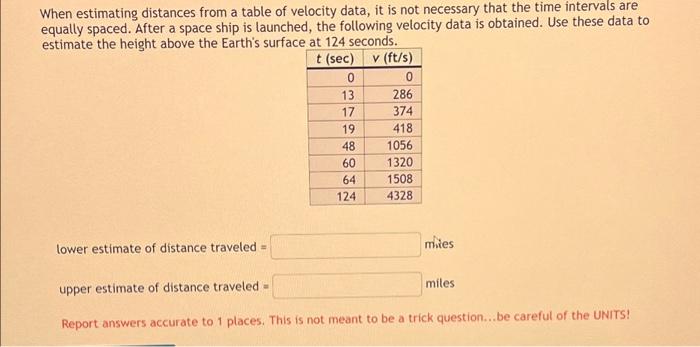 Solved When estimating distances from a table of velocity | Chegg.com