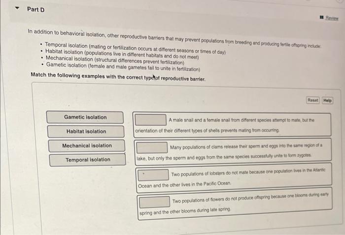 Solved Part D In addition to behavioral isolation, other | Chegg.com