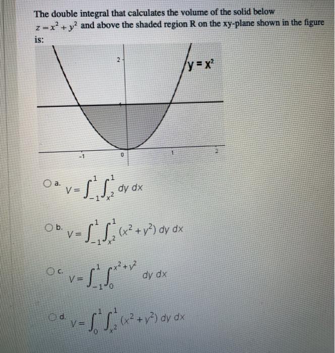 Solved The double integral that calculates the volume of the | Chegg.com