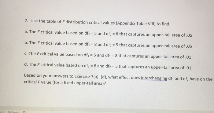 Solved 7. Use the table of F distribution critical values | Chegg.com