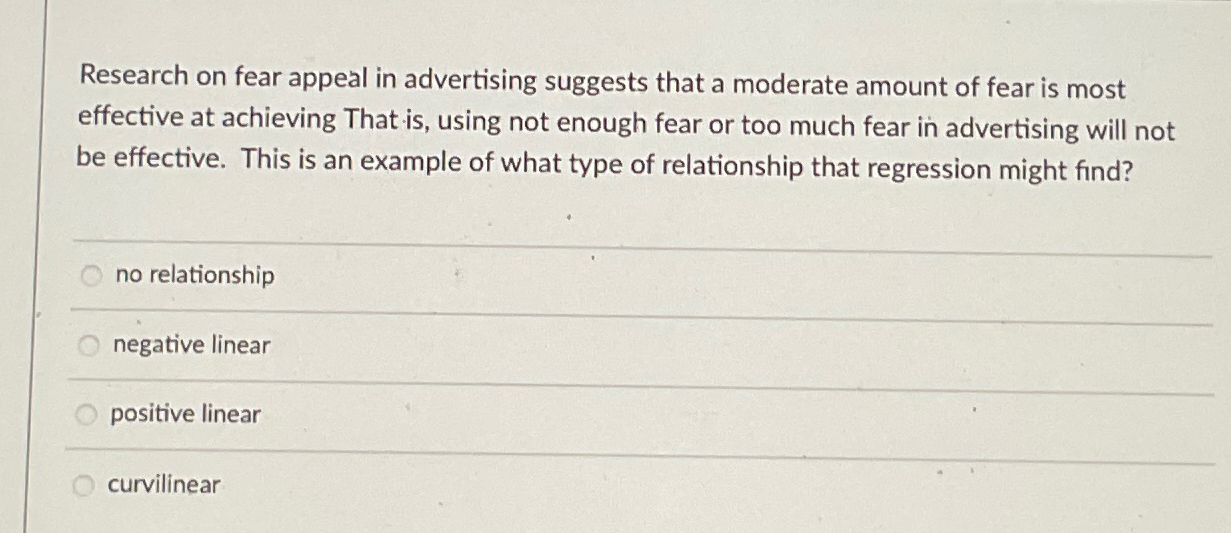 Solved Research on fear appeal in advertising suggests that | Chegg.com