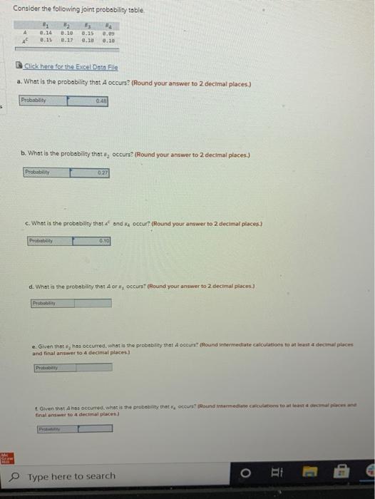 Solved Consider the following joint probability table A 45 | Chegg.com