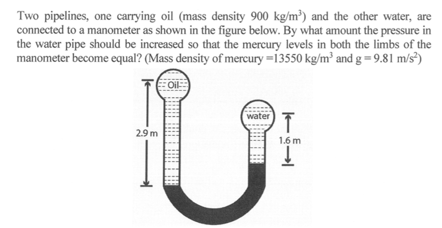 Solved Two pipelines, one carrying oil (mass density | Chegg.com