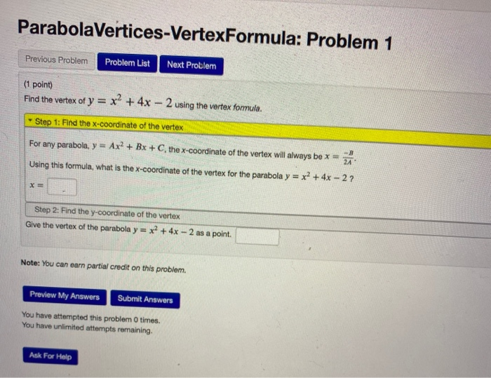 Solved ParabolaVertices-VertexFormula: Problem 1 Previous | Chegg.com