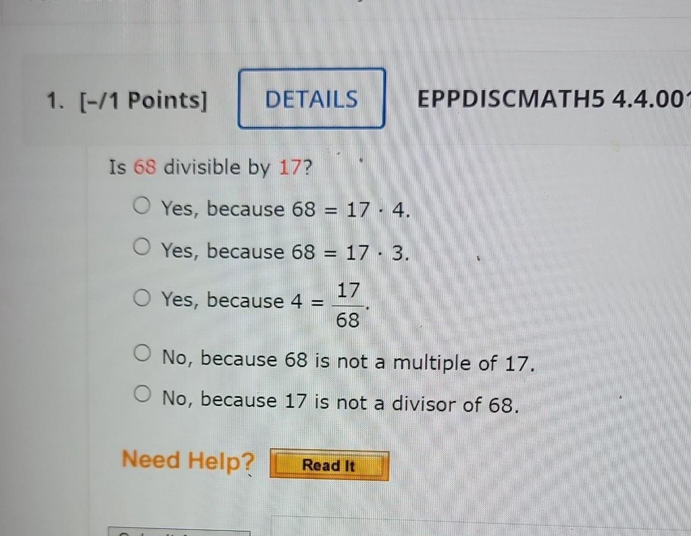 Solved EPPDISCMATH5 4.4.00 divisible by 17? Yes, because | Chegg.com
