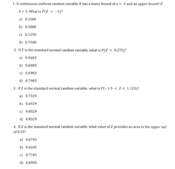Solved 1 A Continuous Uniform Random Variable X Has A Lower 4942