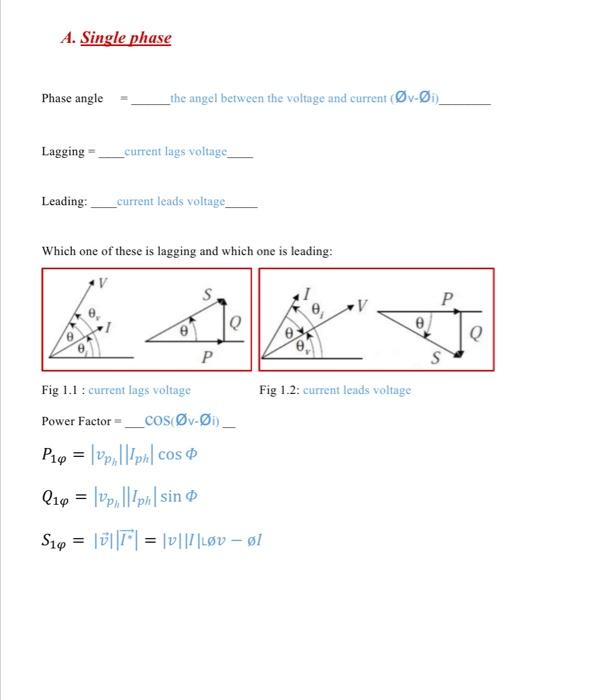 Solved A. Single phase Phase angle = the angel between the | Chegg.com