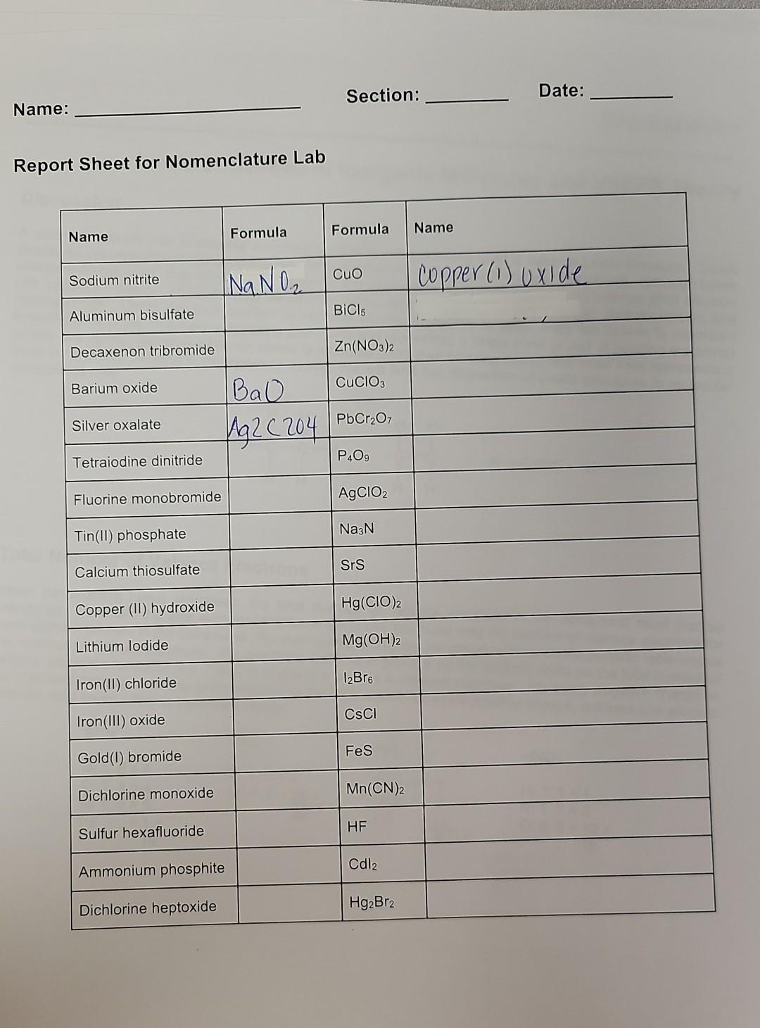 Solved Section: Date: Name: Report Sheet for Nomenclature | Chegg.com