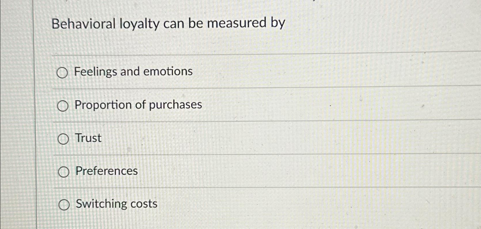 Solved Behavioral loyalty can be measured byFeelings and | Chegg.com