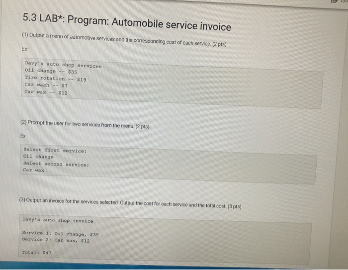 Solved: 5.3 LAB*: Program: Automobile Service Invoice (1) ... | Chegg.com