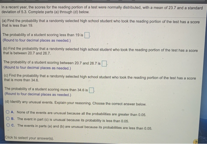 Solved In a recent year, the scores for the reading portion | Chegg.com