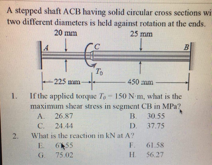 Solved A stepped shaft ACB having solid circular cross | Chegg.com