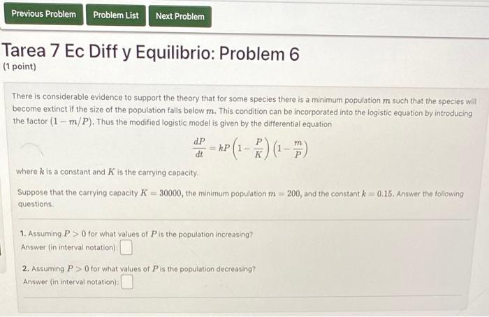 Tarea 7 Ec Diff y Equilibrio: Problem 6 (1 point) | Chegg.com