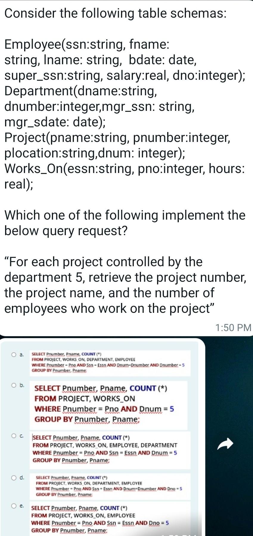 Solved Consider the tollowing table schemas: | Chegg.com