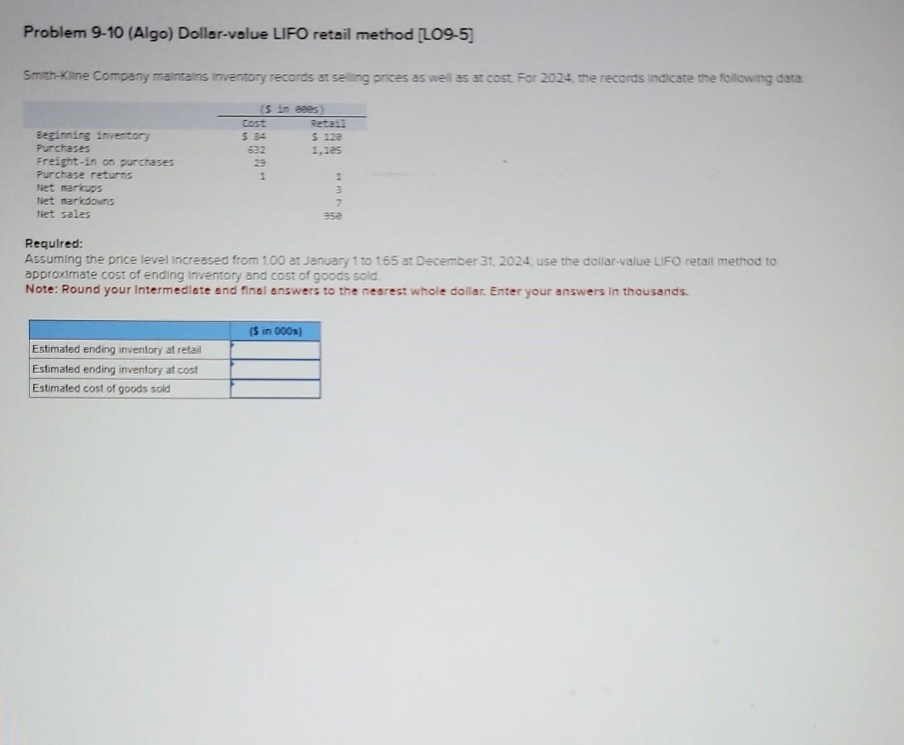 Solved Problem 9 10 Algo Dollar Value Lifo Retail Method