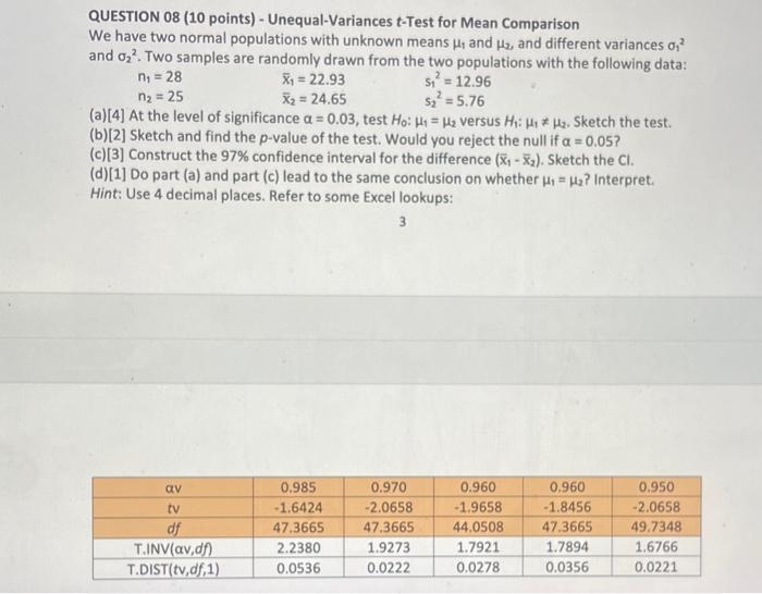 Solved QUESTION 08 (10 points) - Unequal-Variances t-Test | Chegg.com