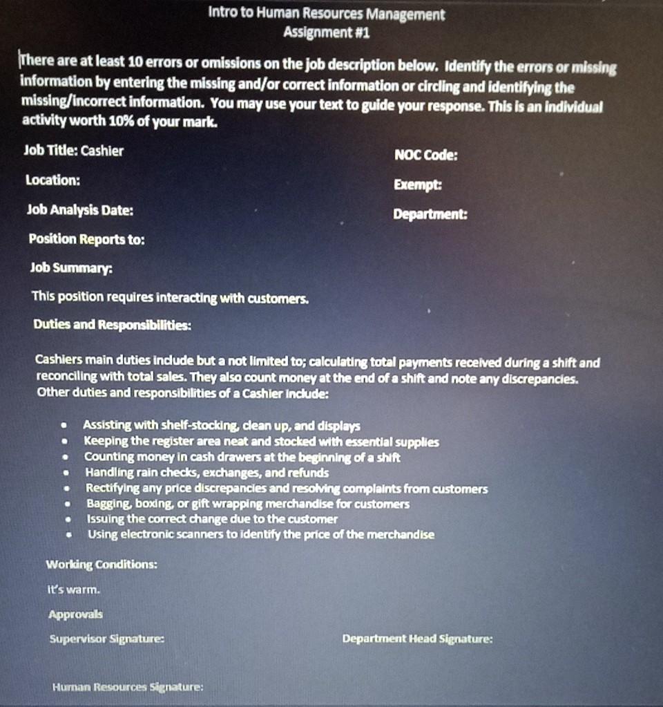 Solved Intro to Human Resources Management Assignment \#1 | Chegg.com