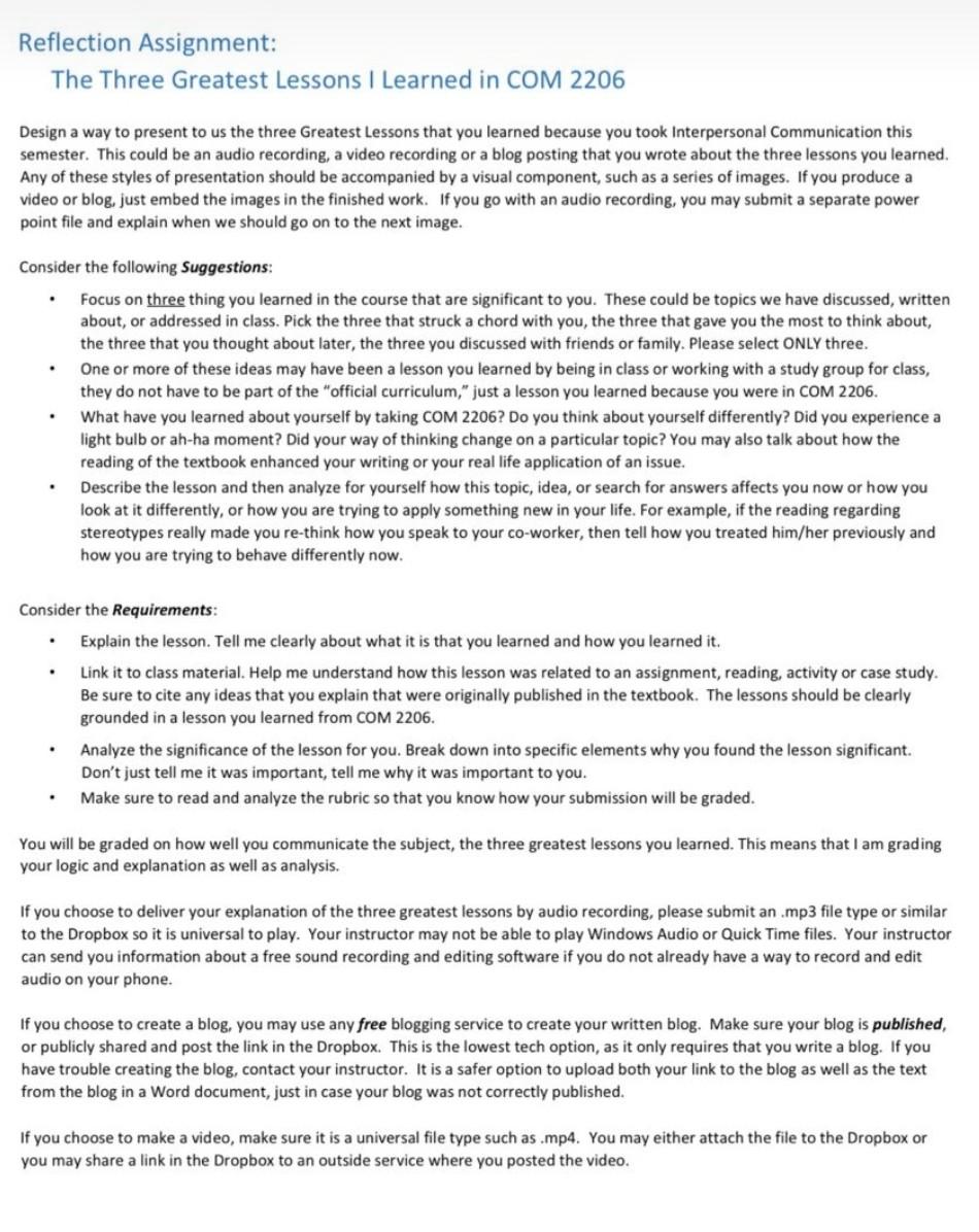 Solved Reflection Assignment: The Three Greatest Lessons I | Chegg.com