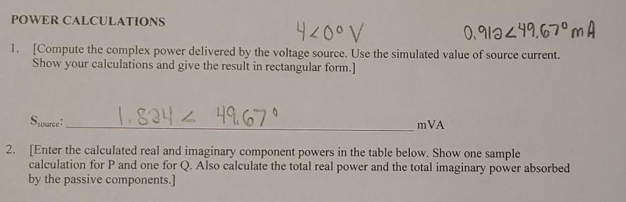 Solved POWER CALCULATIONS 4200V 0.912249.67°mA 1. [Compute | Chegg.com
