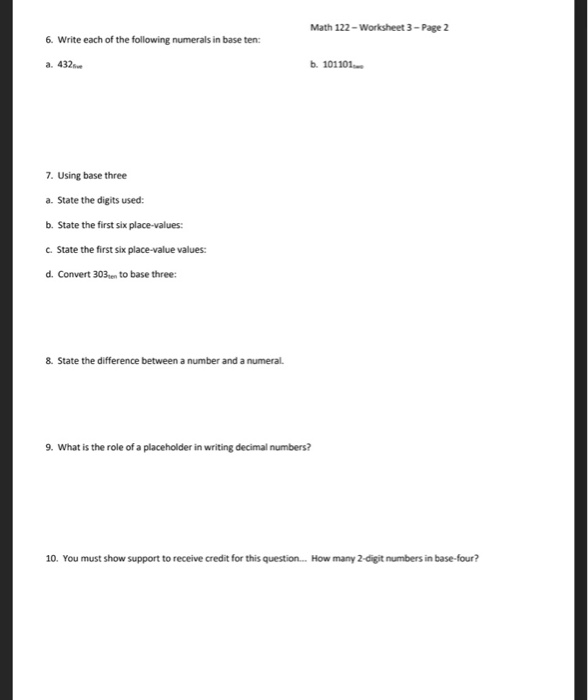 Solved Math 122 - Worksheet 3 - Page 2 6. Write each of the | Chegg.com