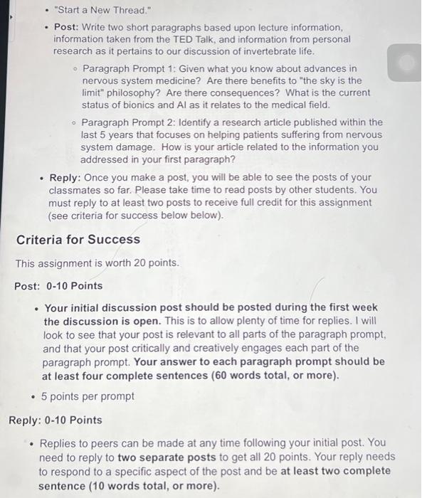 Solved - "Start a New Thread." - Post: Write two short | Chegg.com