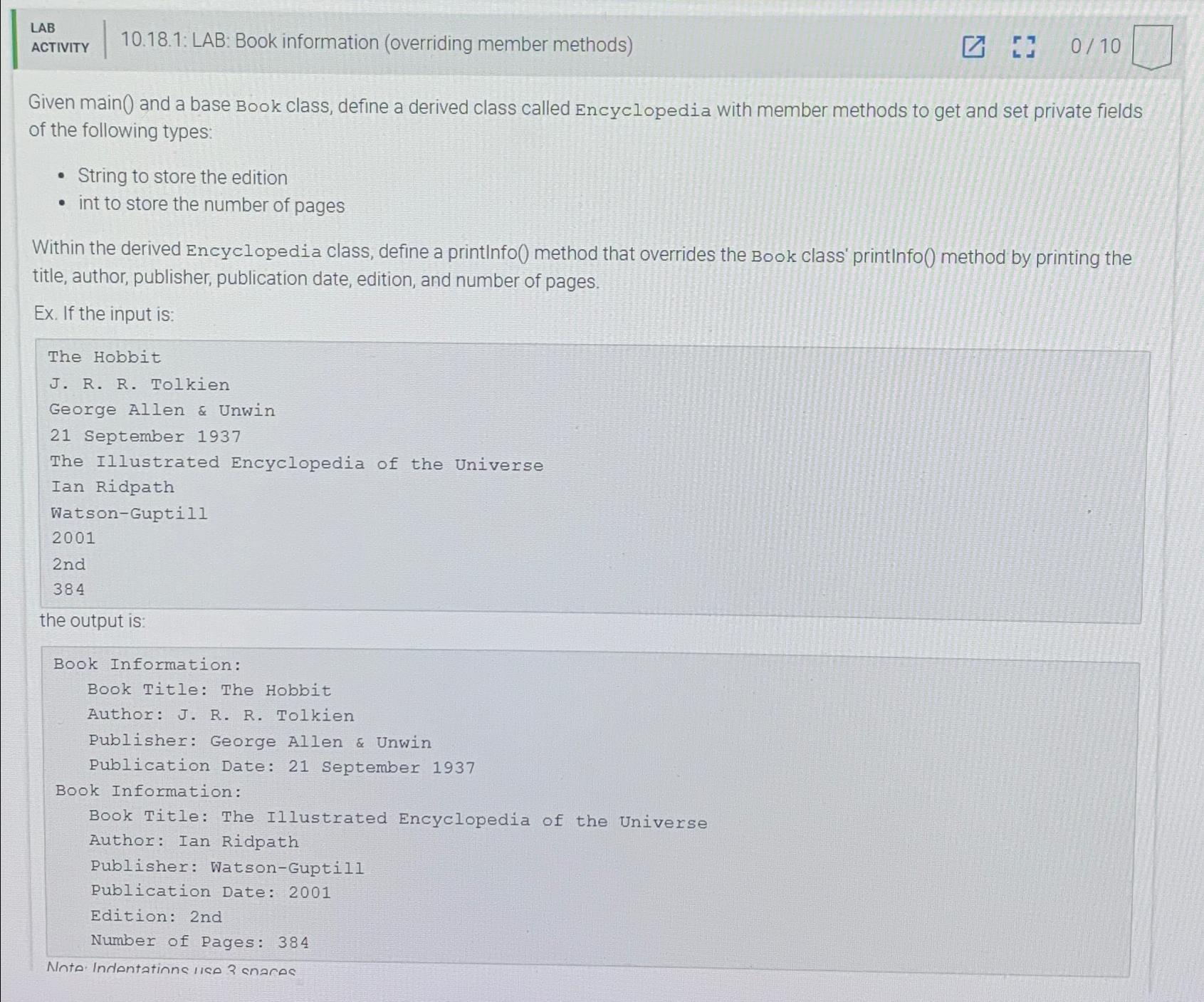 Solved LABACTIVITY10.18.1: LAB: Book information (overriding | Chegg.com
