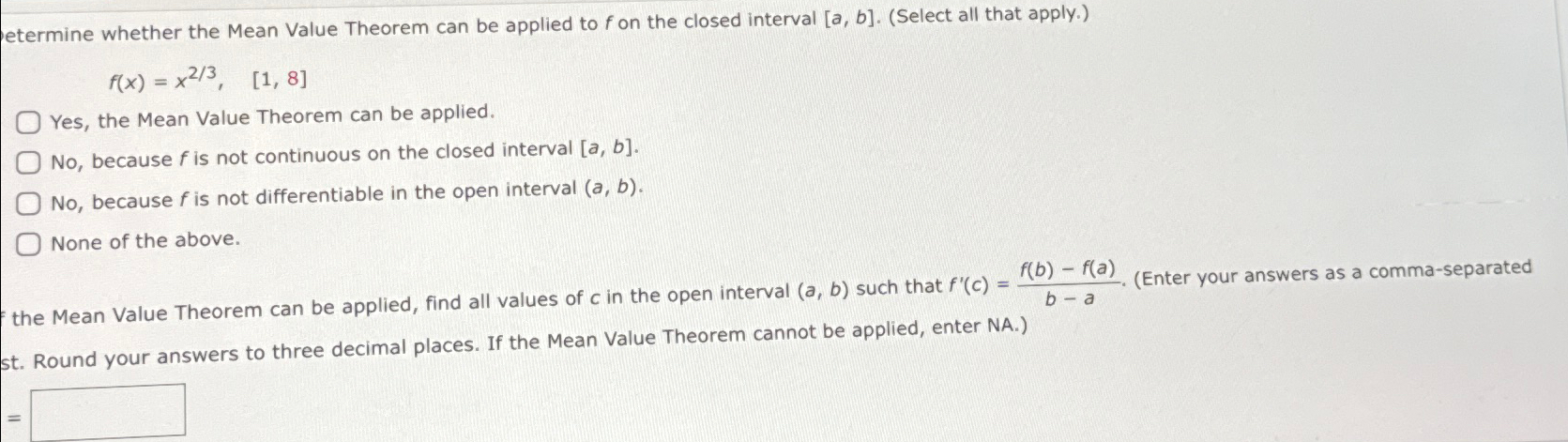 Solved etermine whether the Mean Value Theorem can be | Chegg.com