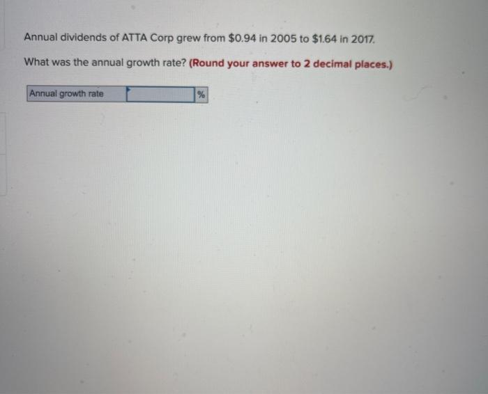 Solved Annual dividends of ATTA Corp grew from $0.94 in 2005 | Chegg.com