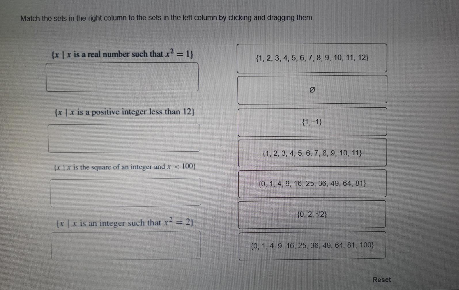 Solved Match the sets in the right column to the sets in the | Chegg.com