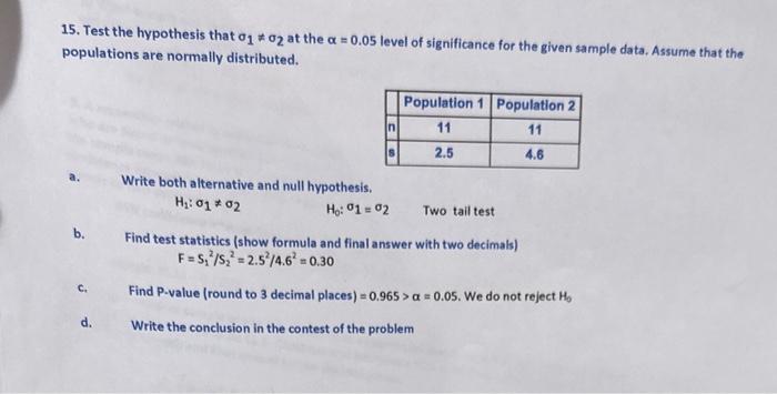 Solved 15 Test The Hypothesis That σ1 σ2 At The α005 9039