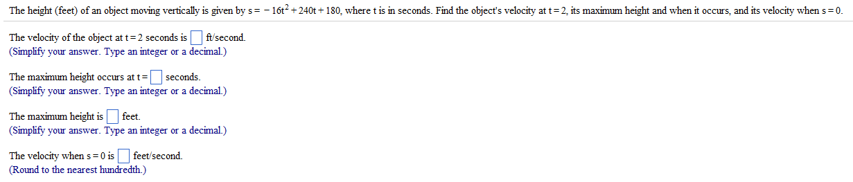 Solved The height (feet) of an object moving vertically is | Chegg.com