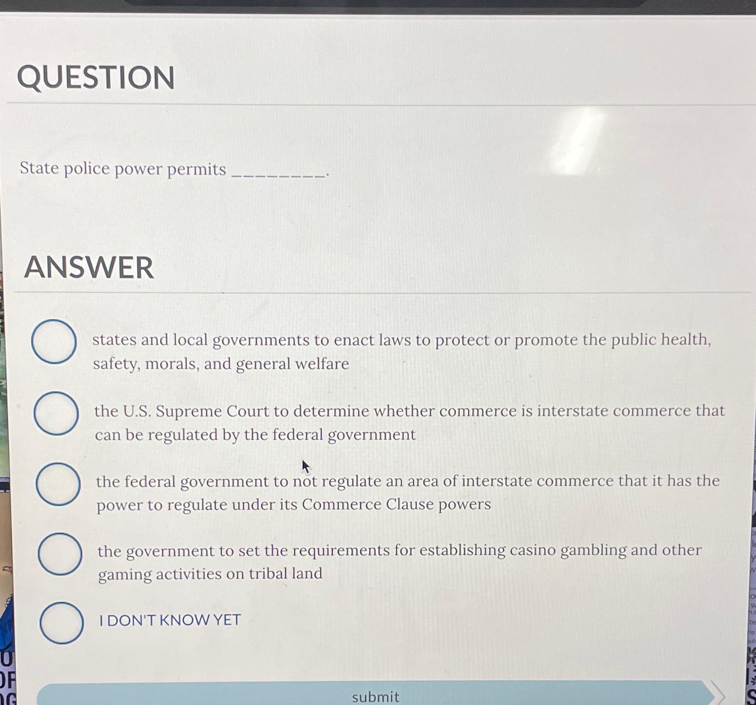 Solved QUESTIONState police power permitsANSWERstates and | Chegg.com