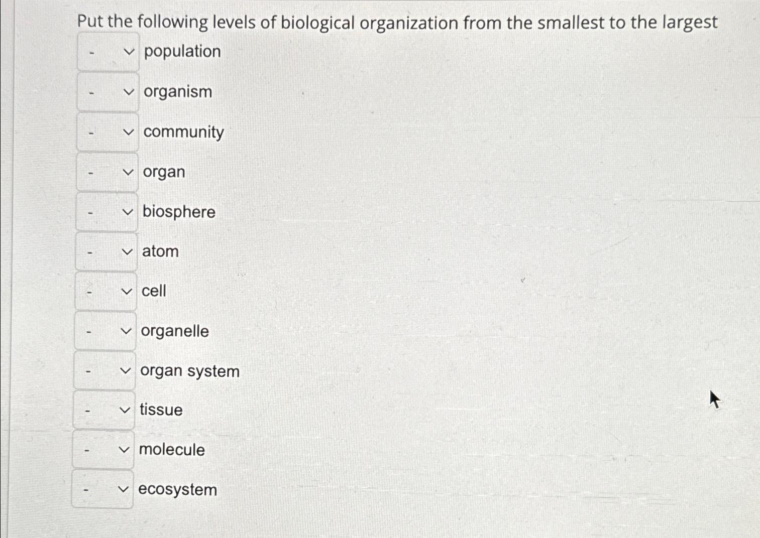 Solved Put the following levels of biological organization | Chegg.com