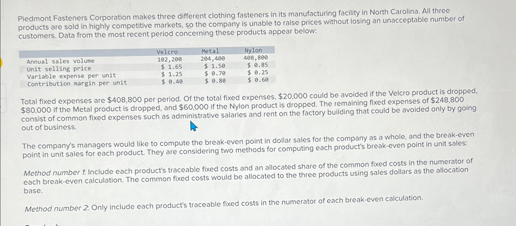 Solved Piedmont Fasteners Corporation makes three different | Chegg.com
