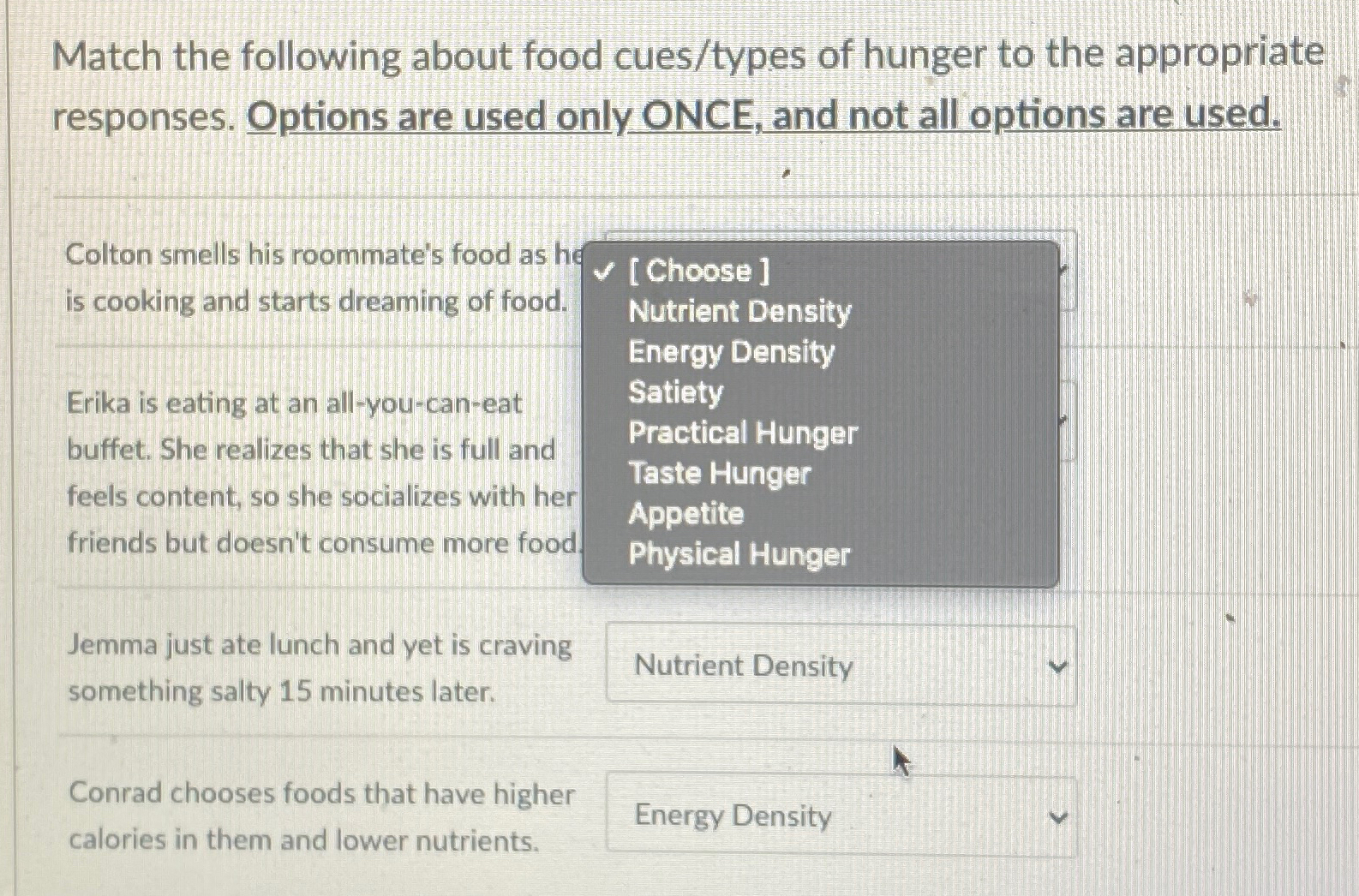 Solved Match the following about food cues/types of hunger | Chegg.com